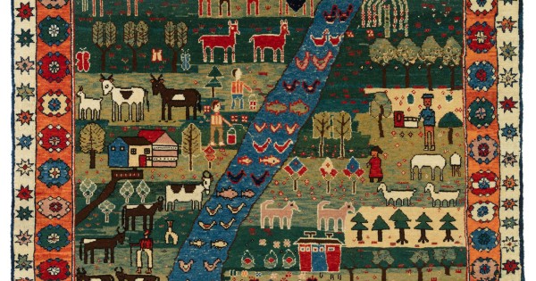 村のテーマのアゼリ民族の生活絨毯 Village Theme Azeri Folk Life Rug 青山キリムハウス ペルシャ絨毯 トルコ ...